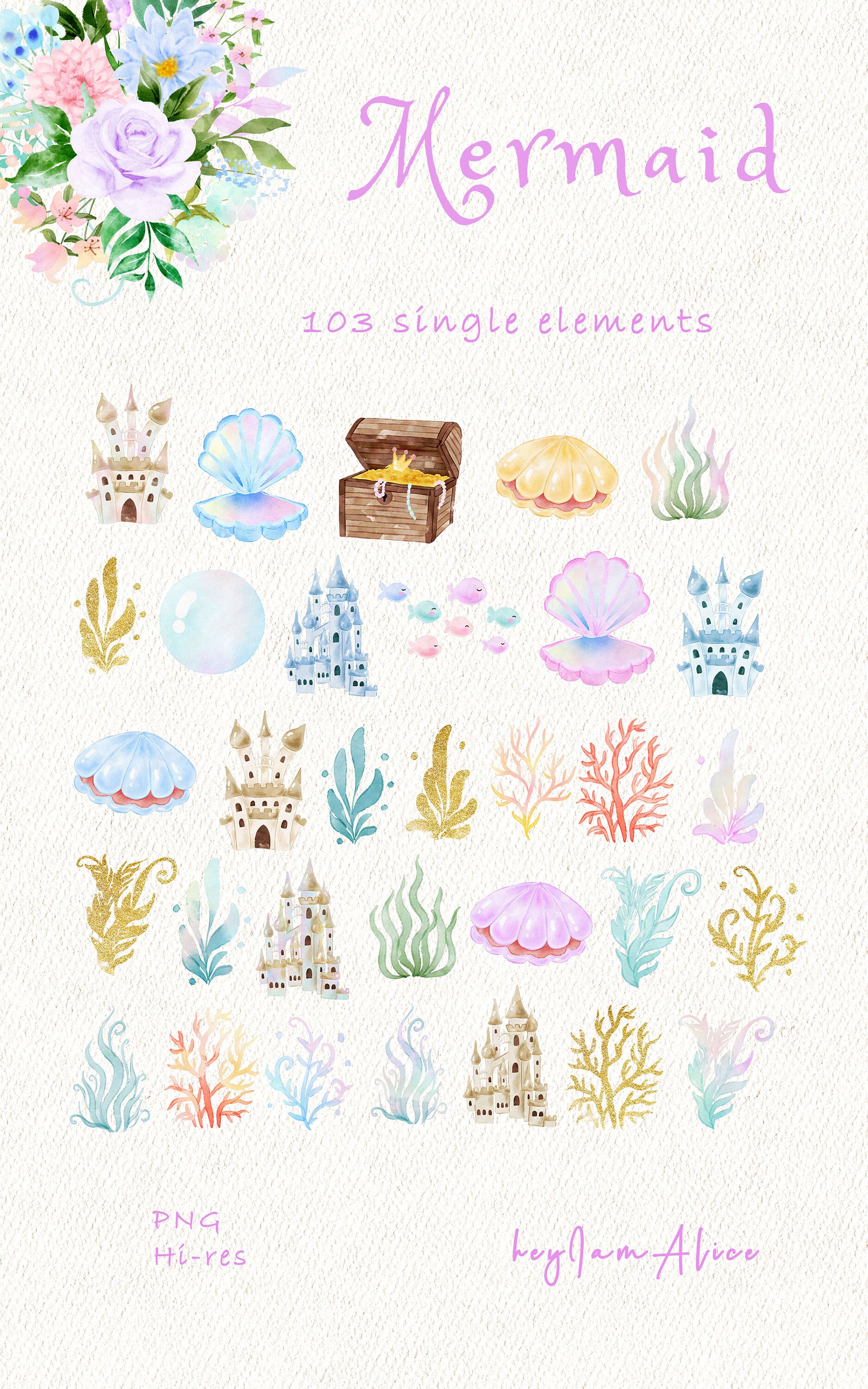 Mermaid Clipart, Little Mermaid Watercolor Graphic, Nursery Clipart ...
