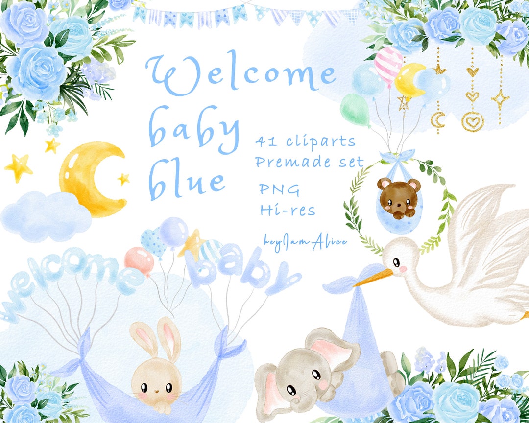 Welcome Baby Watercolor Clipart, Baby Animal, Nursery Blue, Gender ...