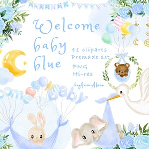Welcome Baby Watercolor Clipart, Baby Animal, Nursery Blue, Gender ...
