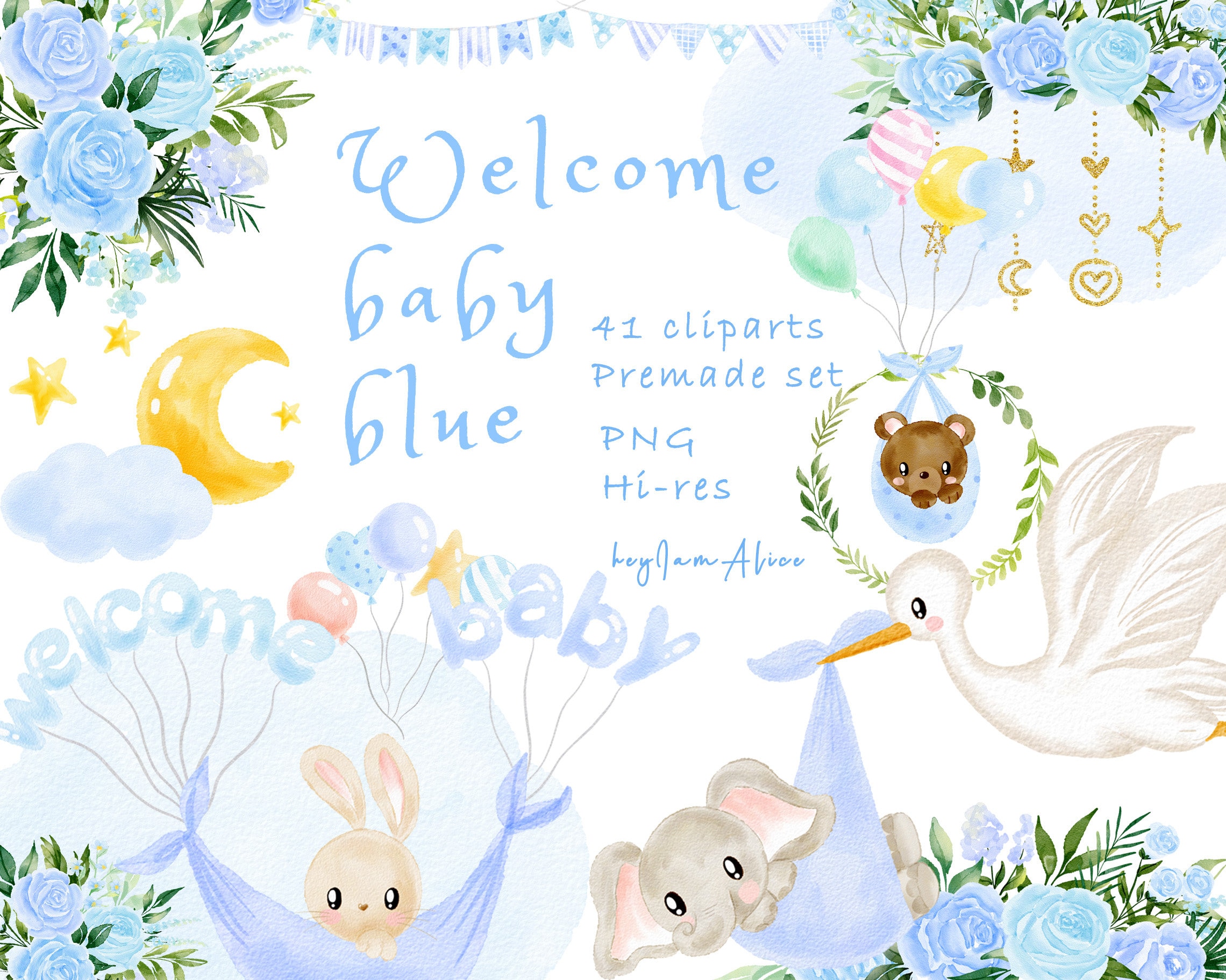 Welcome Baby Watercolor Clipart Baby Animal Nursery Blue - Etsy