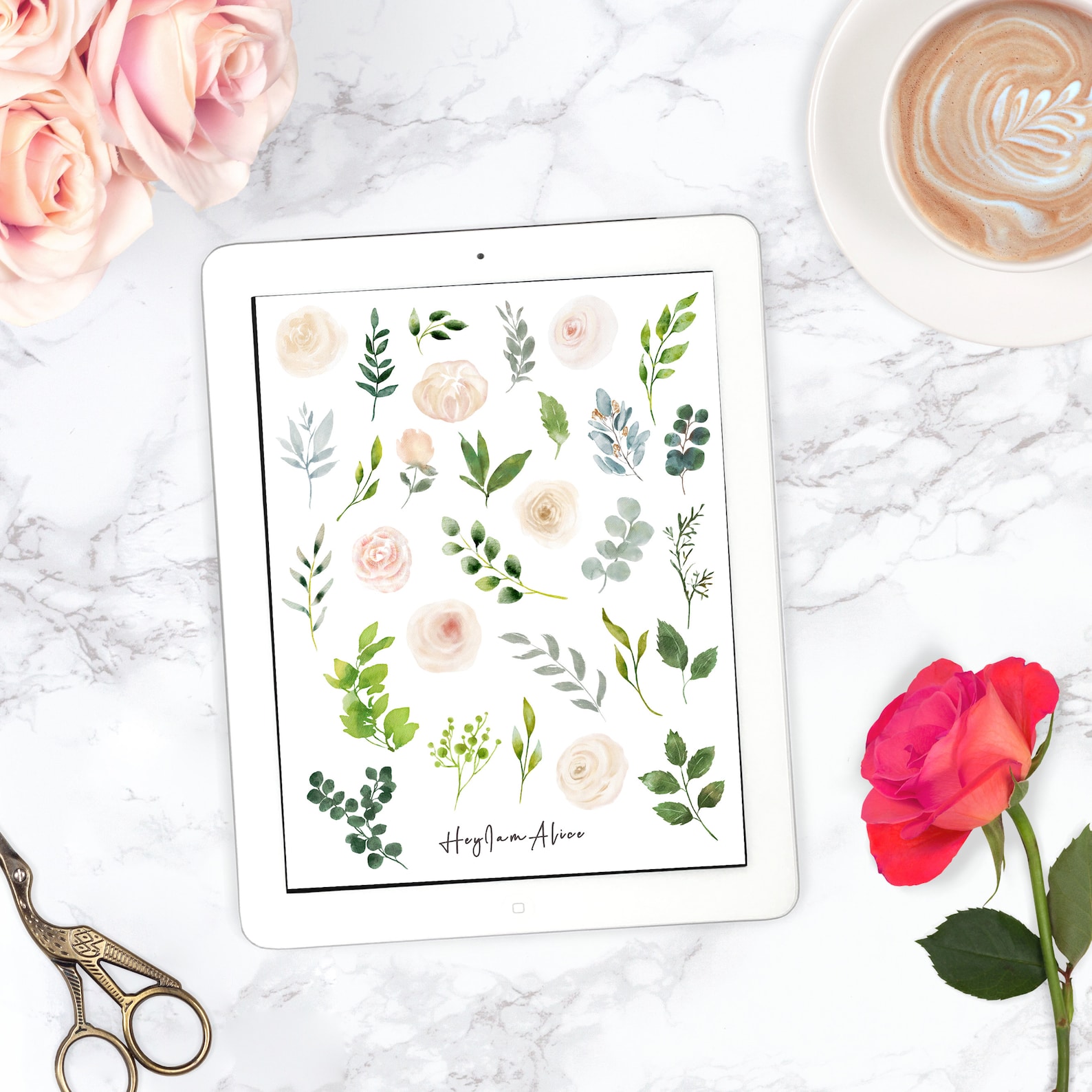 Beige Rose Digital Sticker, PRINTABLE Sticker Sheet, Watercolor Digital ...