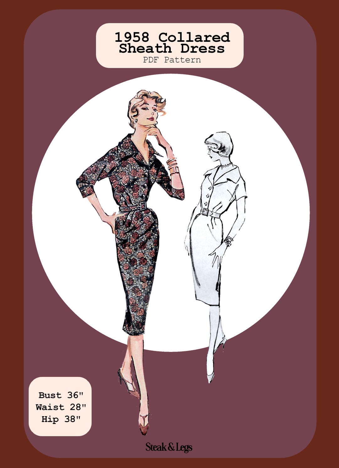 1958 Collared Sheath Dress - PDF Pattern Download - Etsy