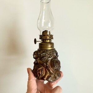 Antique Miniature Kerosene Lamp Goofus Rose Embossed Painted Glass ...