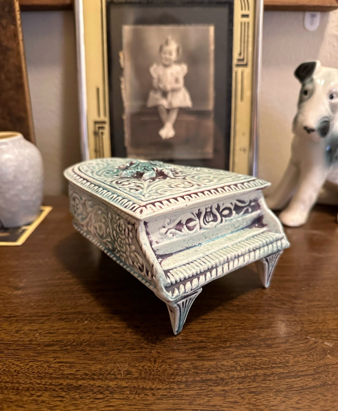 Vintage Ceramic Trinket Box Blue Baroque Style Piano With Cherub ...