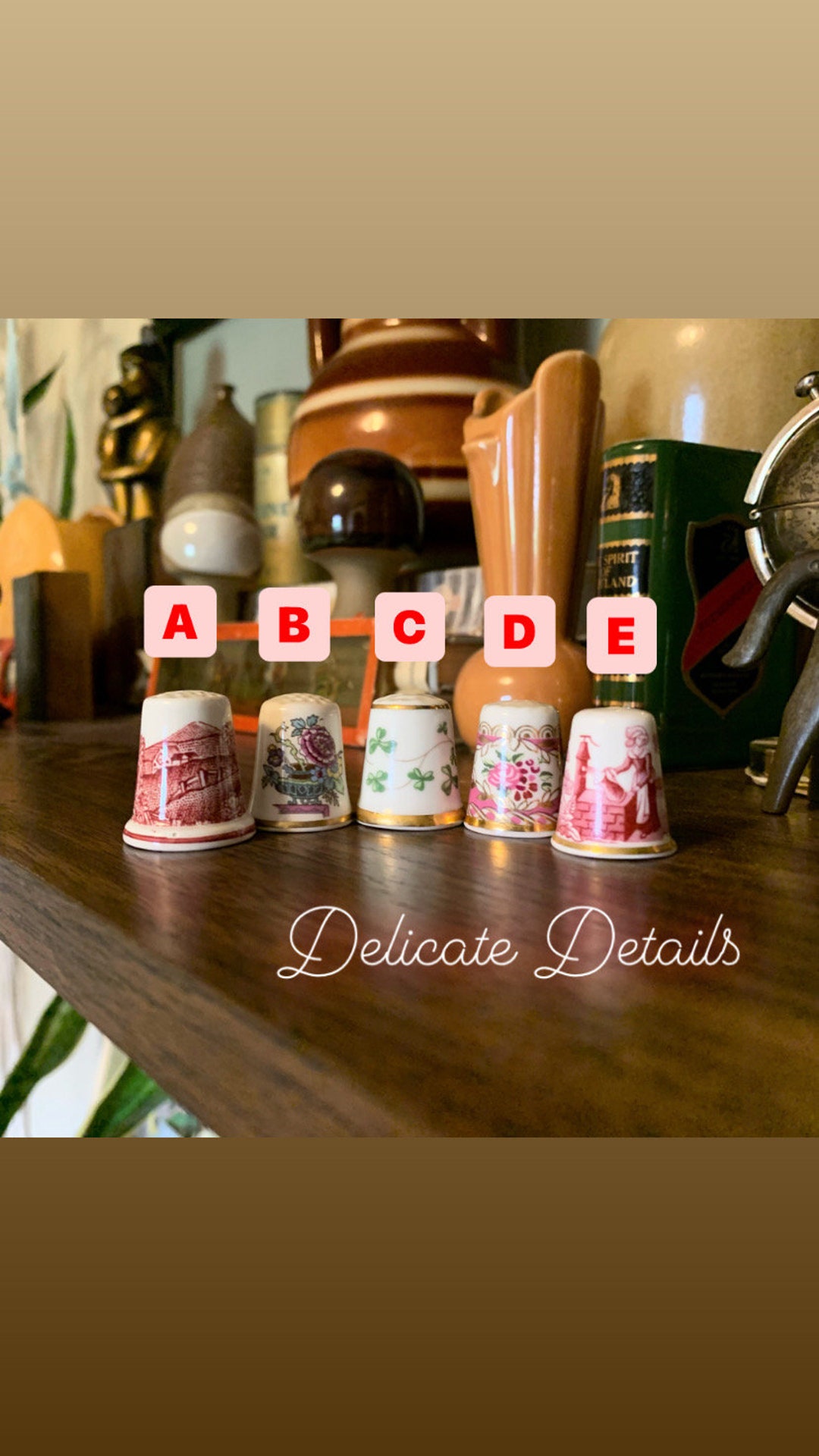 Vintage Bone China Porcelain Thimble/ Red Scene Adams England/ Flowers ...