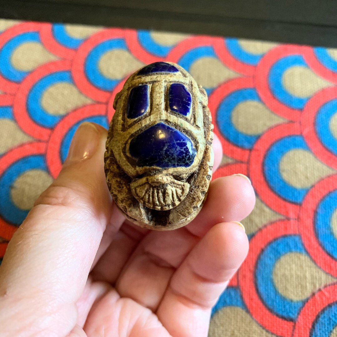 Vintage Handmade Carved 3D Clay Pottery Scarab Beetle With Deep Blue ...