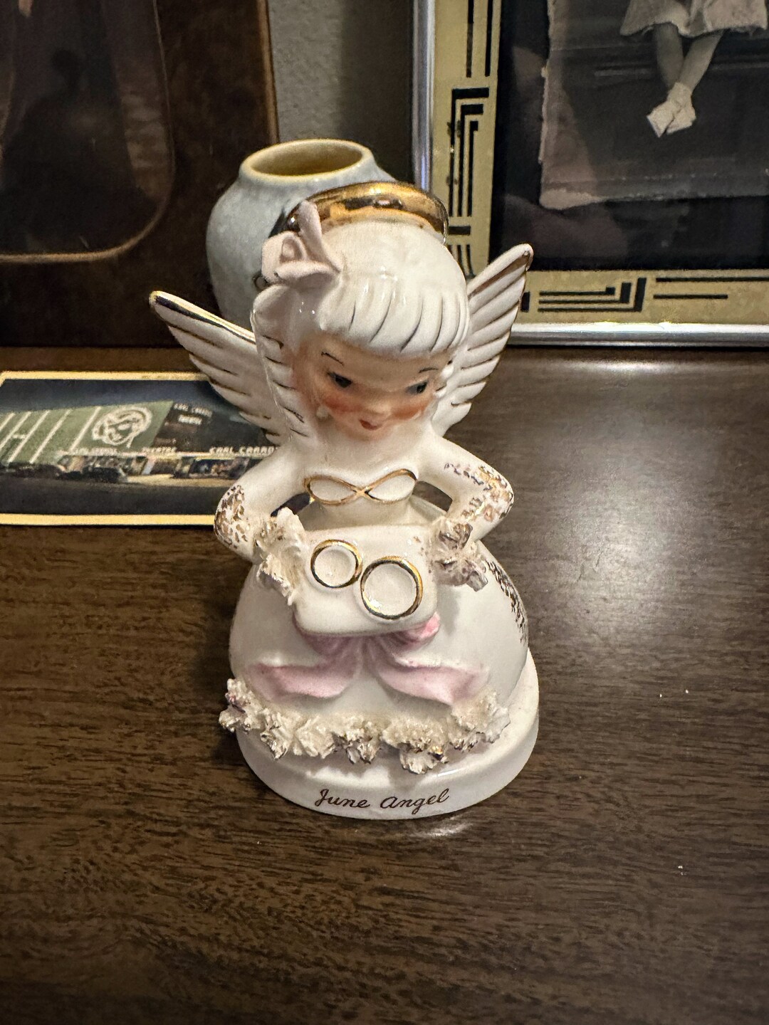 Vintage Napco 50s June Birthday Angel Spaghetti White And Pink Trim