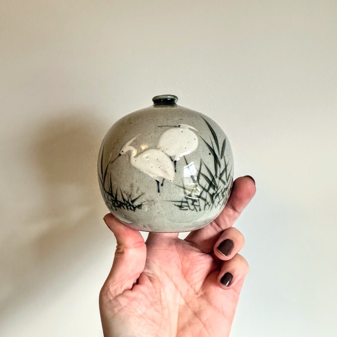 Vintage Japanese Studio Pottery Round Orb Bud Vase With Crane Birds and ...