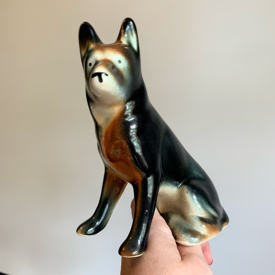 Vintage Midcentury Ceramic Dog Figurine Statue Black and Brown German ...