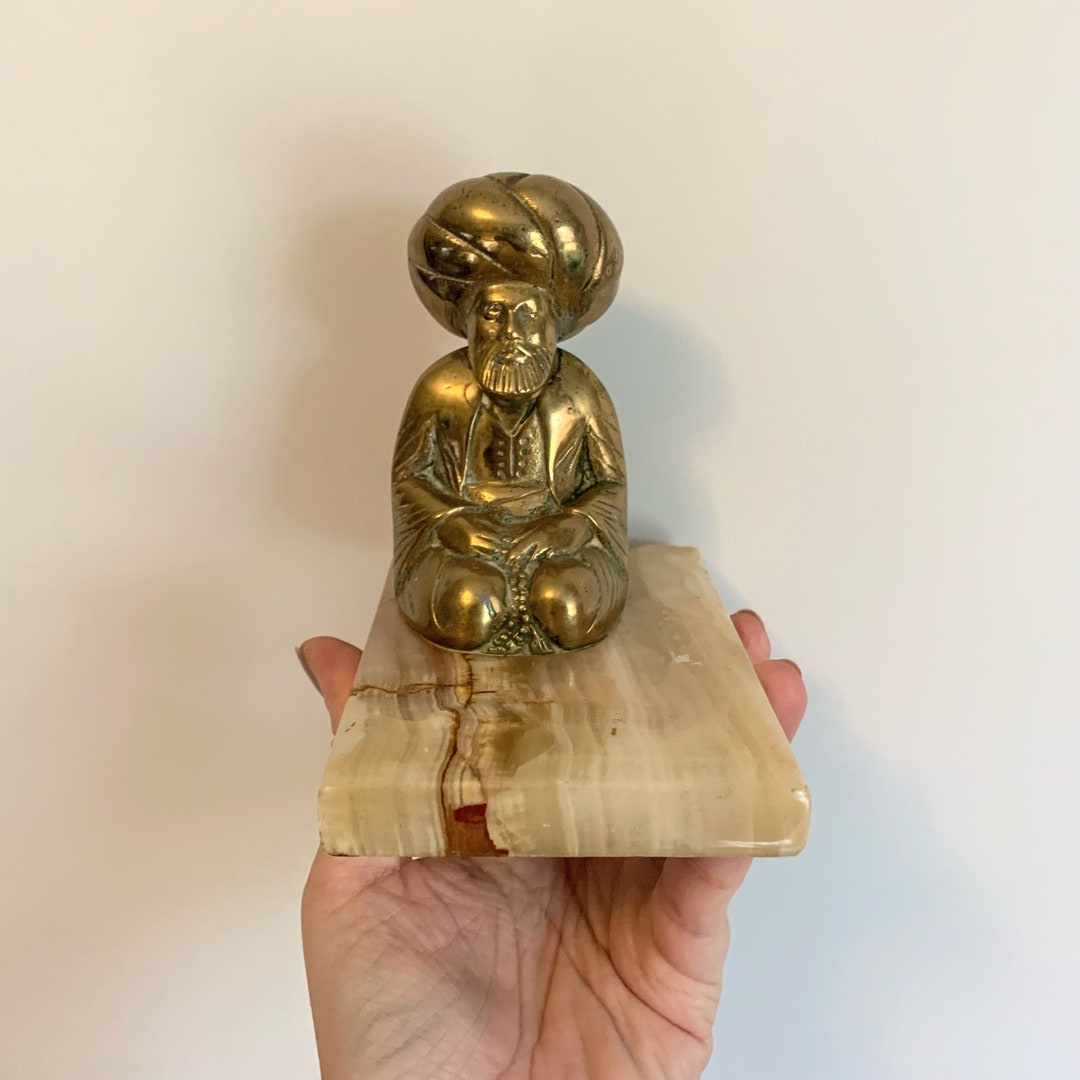 Vintage Brass Meditating Indian Sikh on Marble Stone Base Cone Incense ...