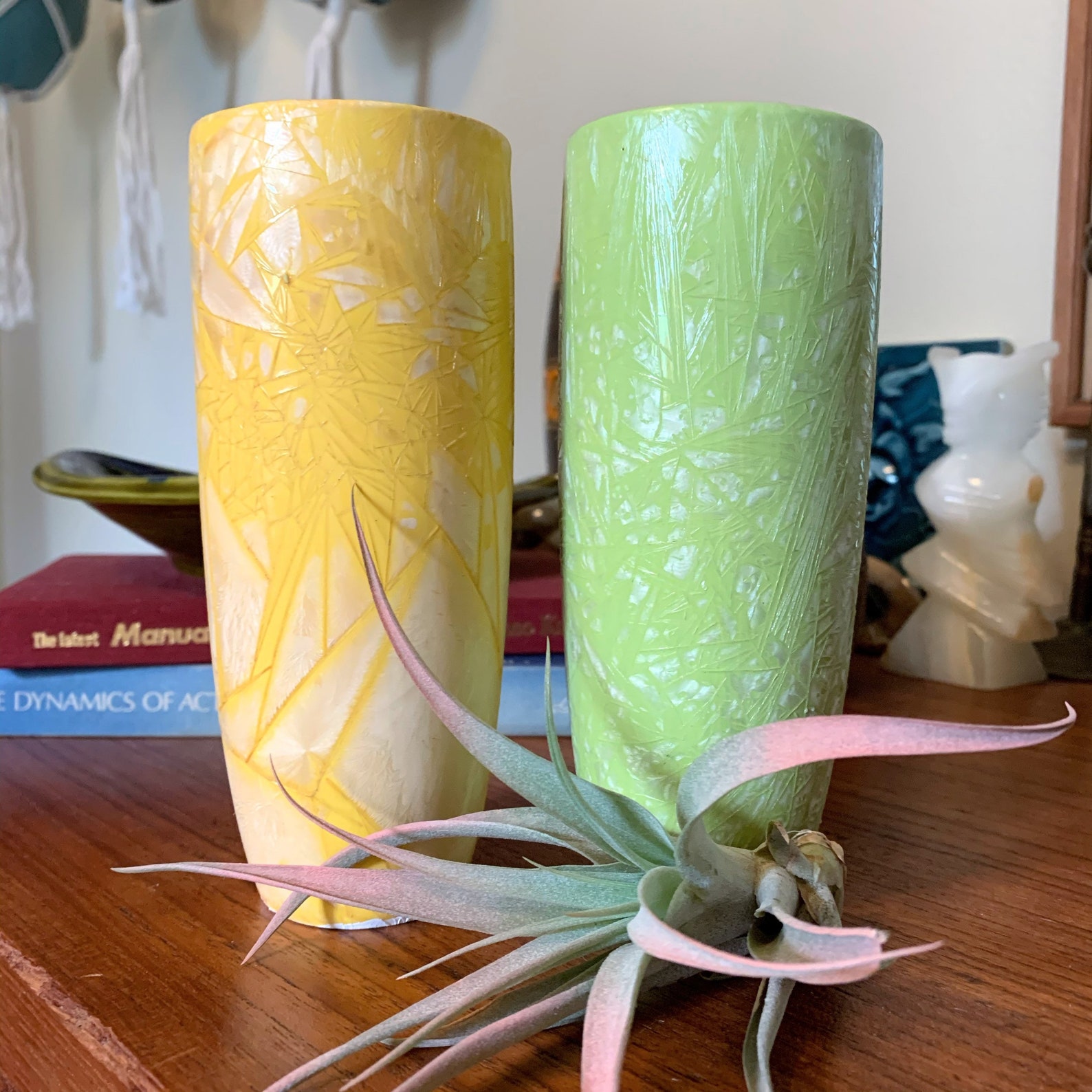 Two Rare Vintage Crystalline Pottery Vases Green and Yellow | Etsy