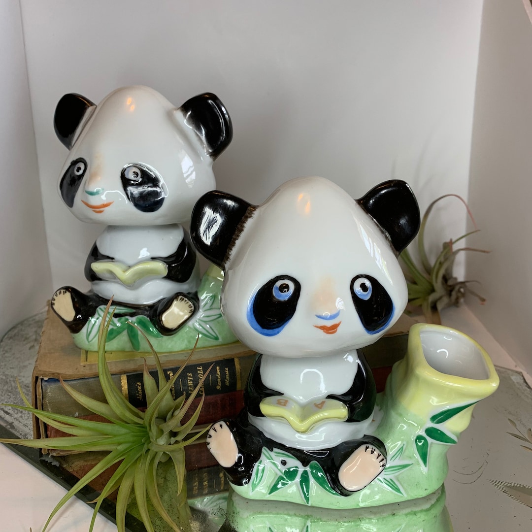 Vintage Panda Bobble Head Ceramic Planter Bamboo - Etsy