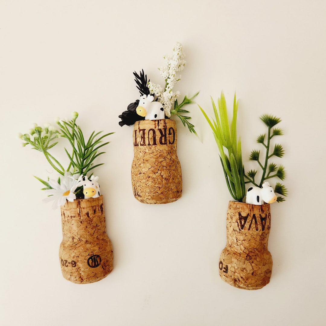 Cow Plant Fridge Magnets, Set of 3 Champagne Cork Faux Flower Strong ...