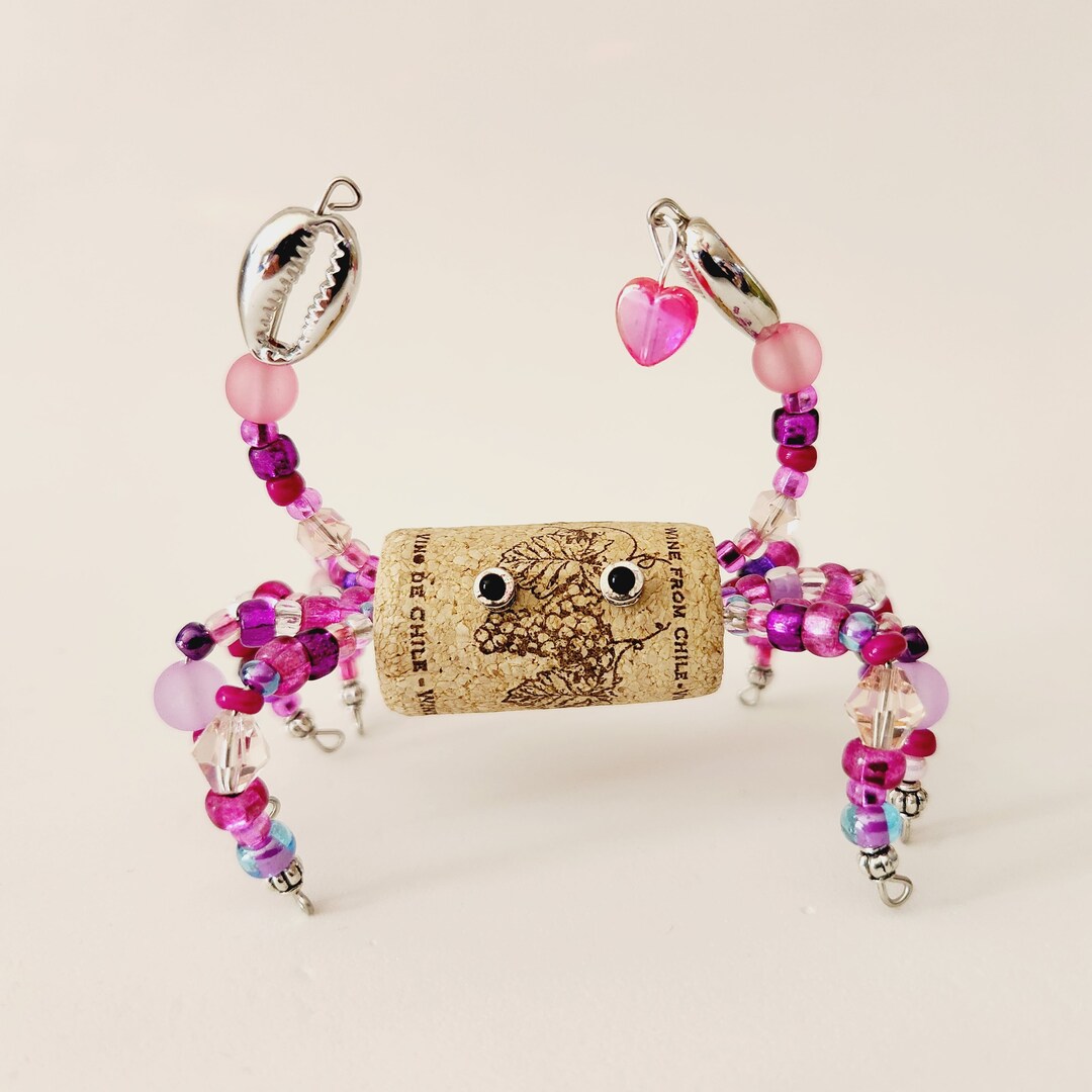 Wine Cork Beaded Pink Crab Figurine, Unique Gift Idea for Beach House ...