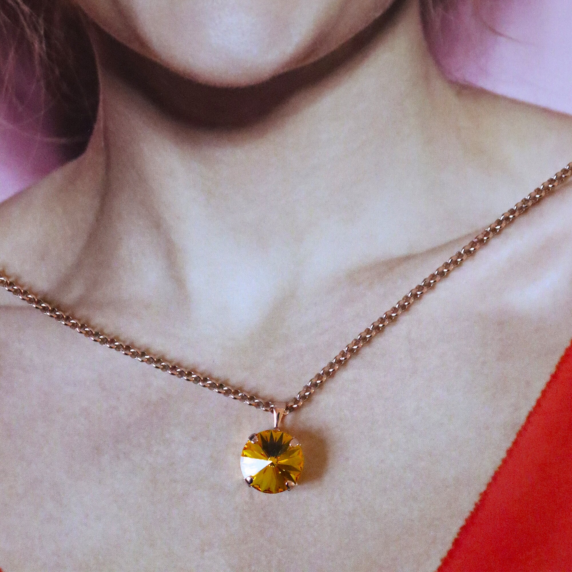 Rose Gold Single Stone Pendant Necklace for Her, Dainty Crystal ...