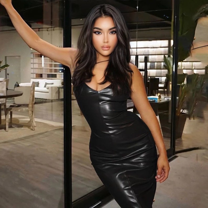 Black Leather Cocktail Dress For Women Sexy Faux Leather Etsy