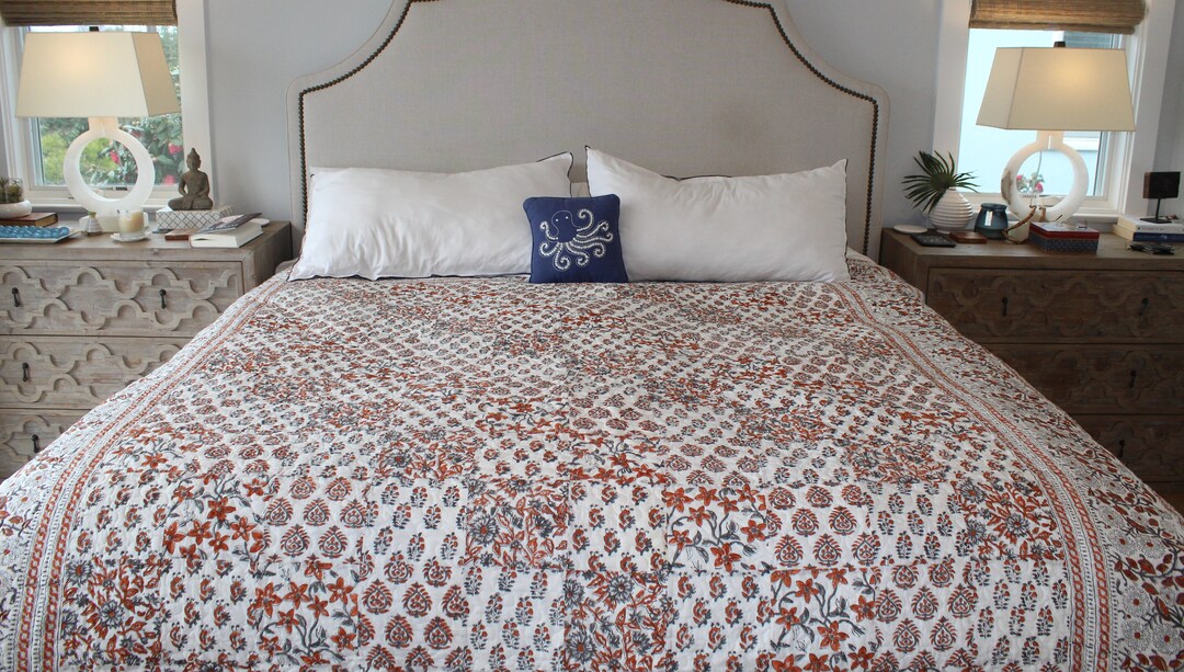 Chintz Pattern Block Print Bedspread Set, Reversible Cotton Bedspread ...