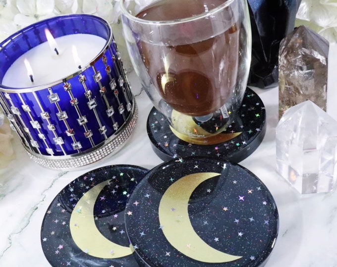 Celestial Crescent Moon and Stars Coaster - Individual Coasters | Large ...