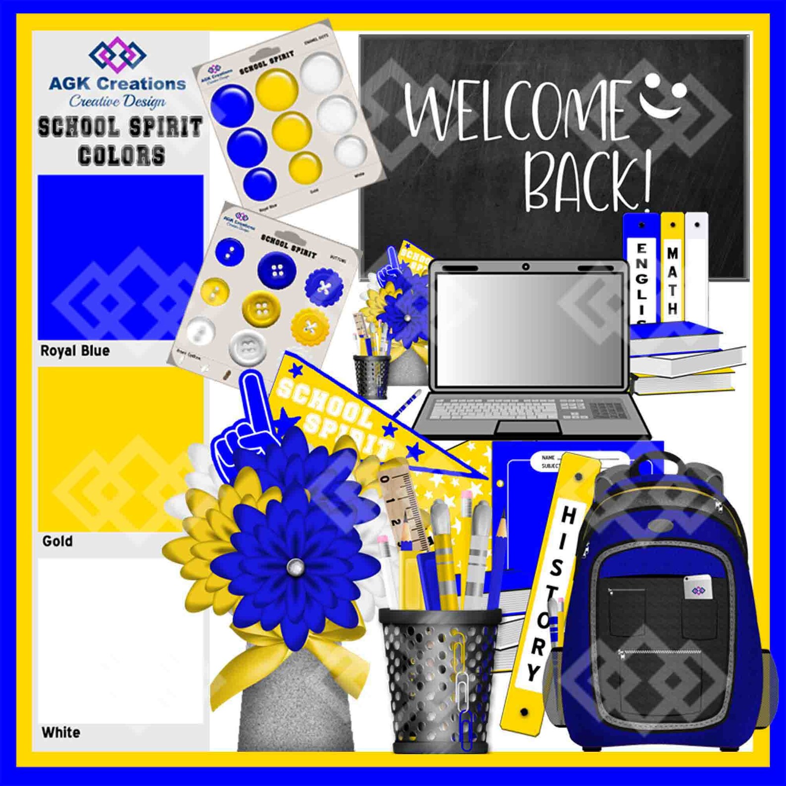 School Spirit Collection | Royal Blue - Gold - White | Scrapbook Bundle ...