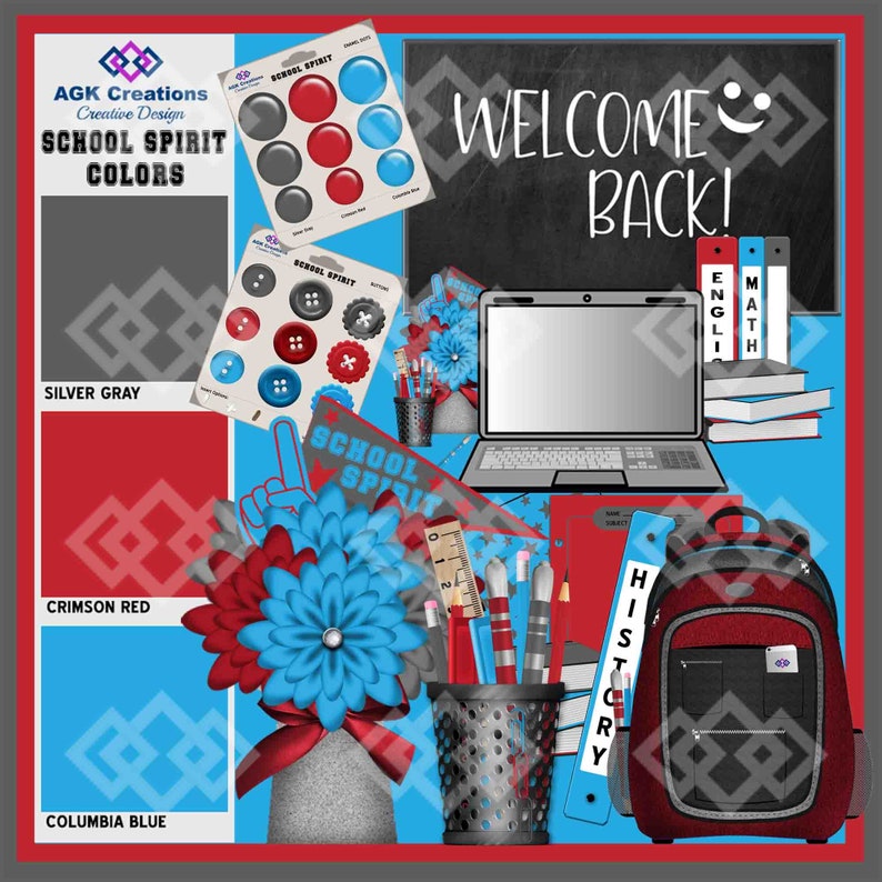 School Spirit Collection | Red - Blue - Gray | Scrapbook Bundle ...