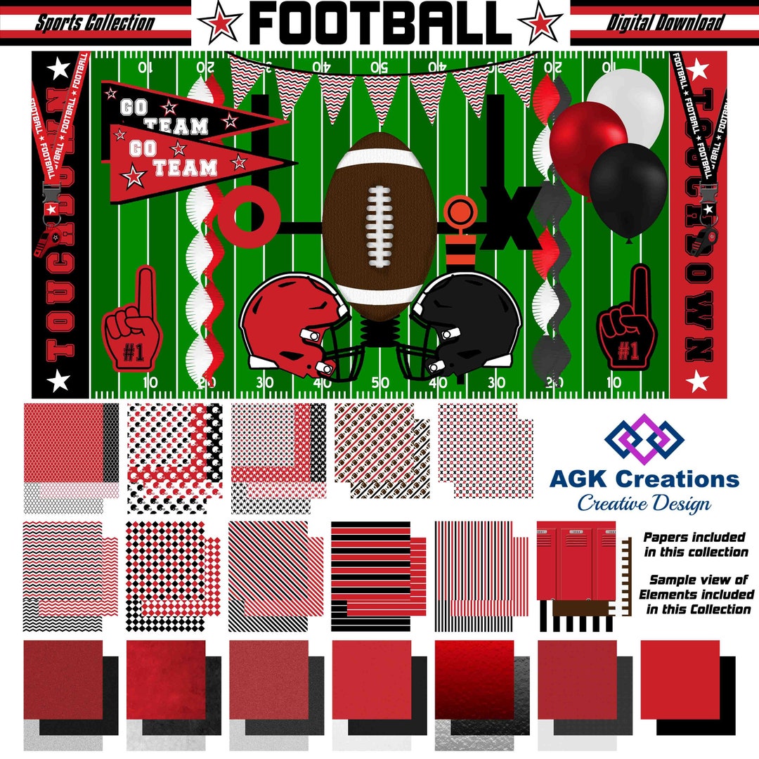 Sports Collection | Football | Red + Black + White | Scrapbook Bundle ...