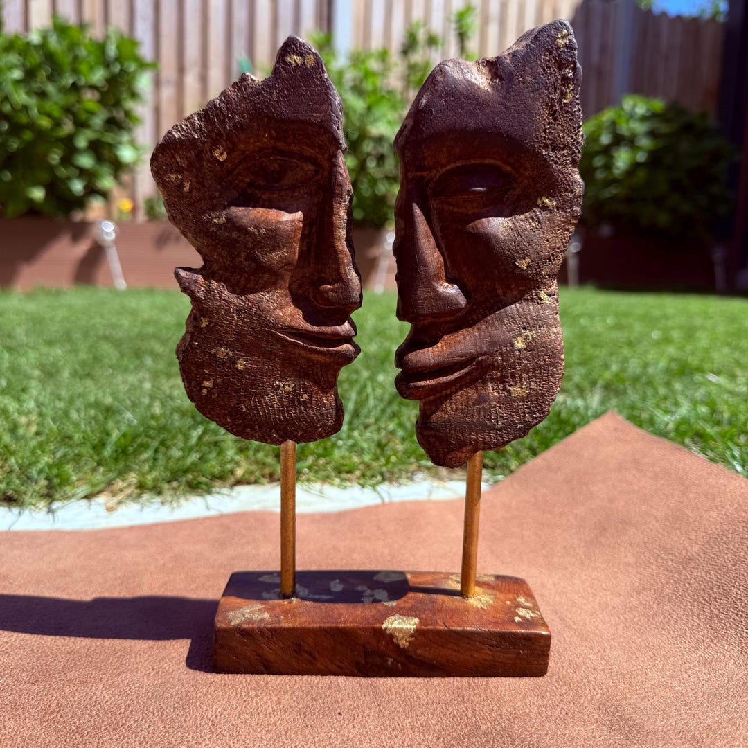 Soul Connection Sculpture – Two Faces in One, Rustic Wood Art - Etsy