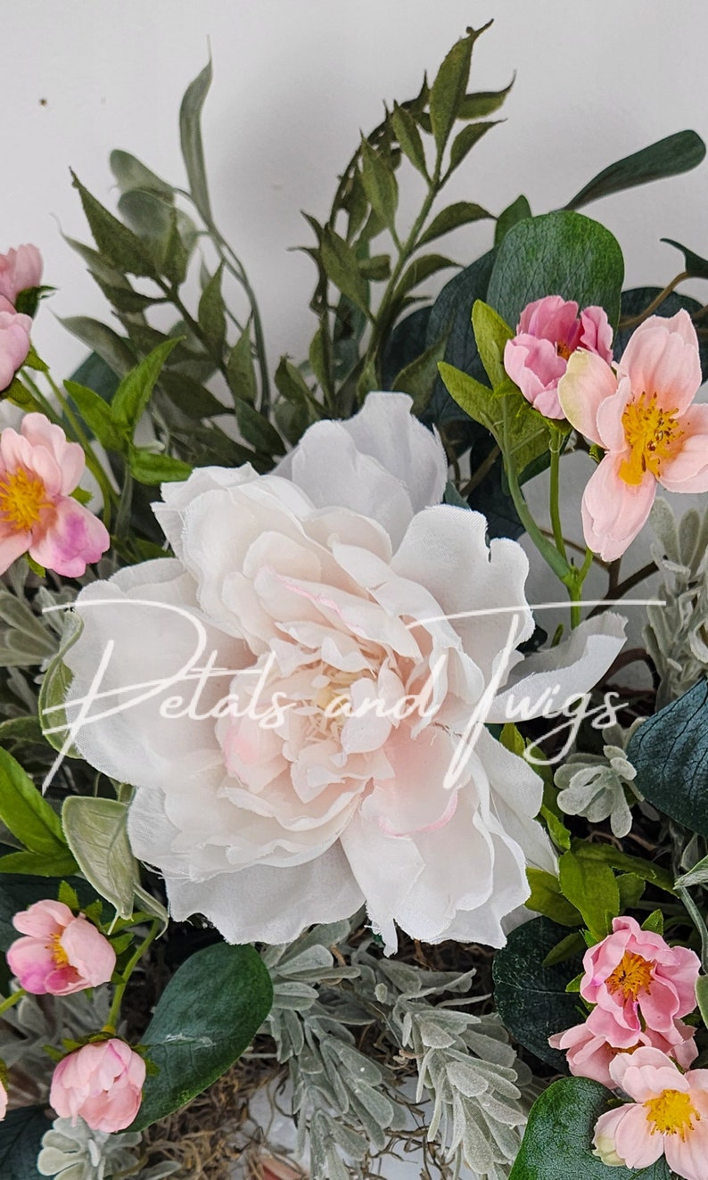 Bunny Easter Wreath: Faux Peonies, Gingham Bow Door Decor - Etsy