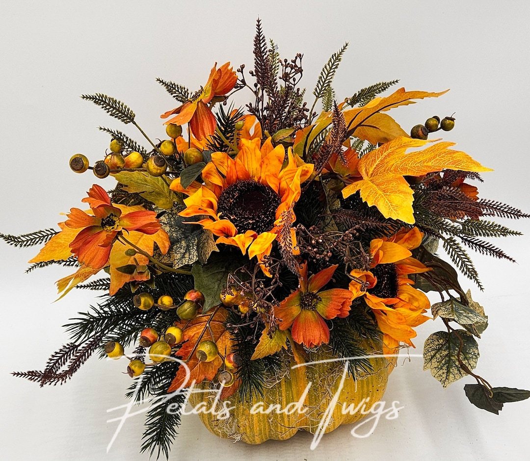 Elegant Fall Pumpkin Centerpiece With Sunflowers, Maple Leaves, and ...