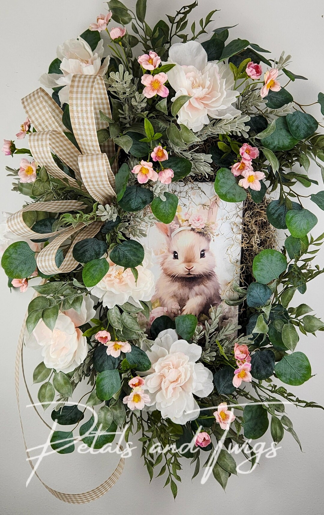 Bunny Easter Wreath: Faux Peonies, Gingham Bow Door Decor - Etsy