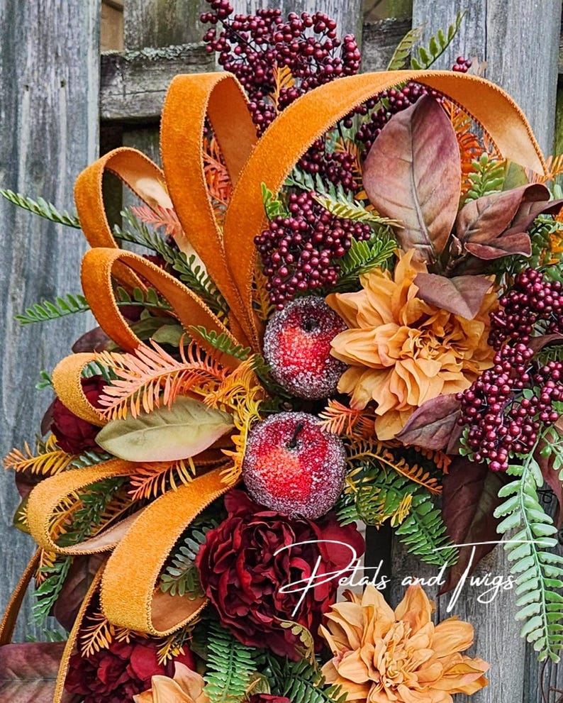 Burgundy Peony Fall Wreath – Golden Dahlias & Velvet Ribbon Door Decor ...