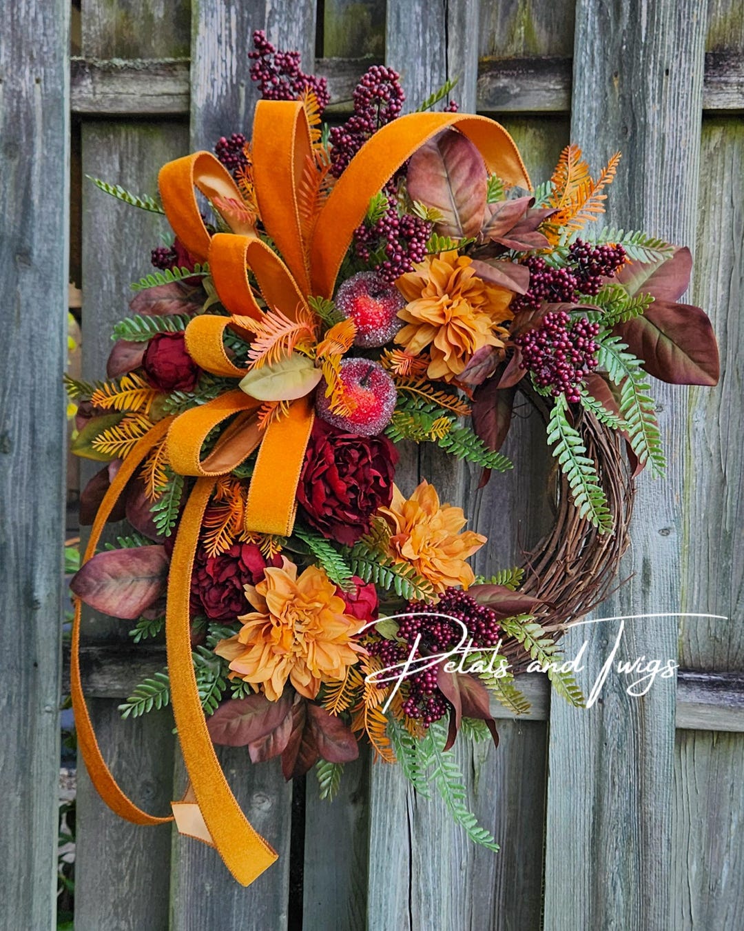 Burgundy Peony Fall Wreath – Golden Dahlias & Velvet Ribbon Door Decor ...