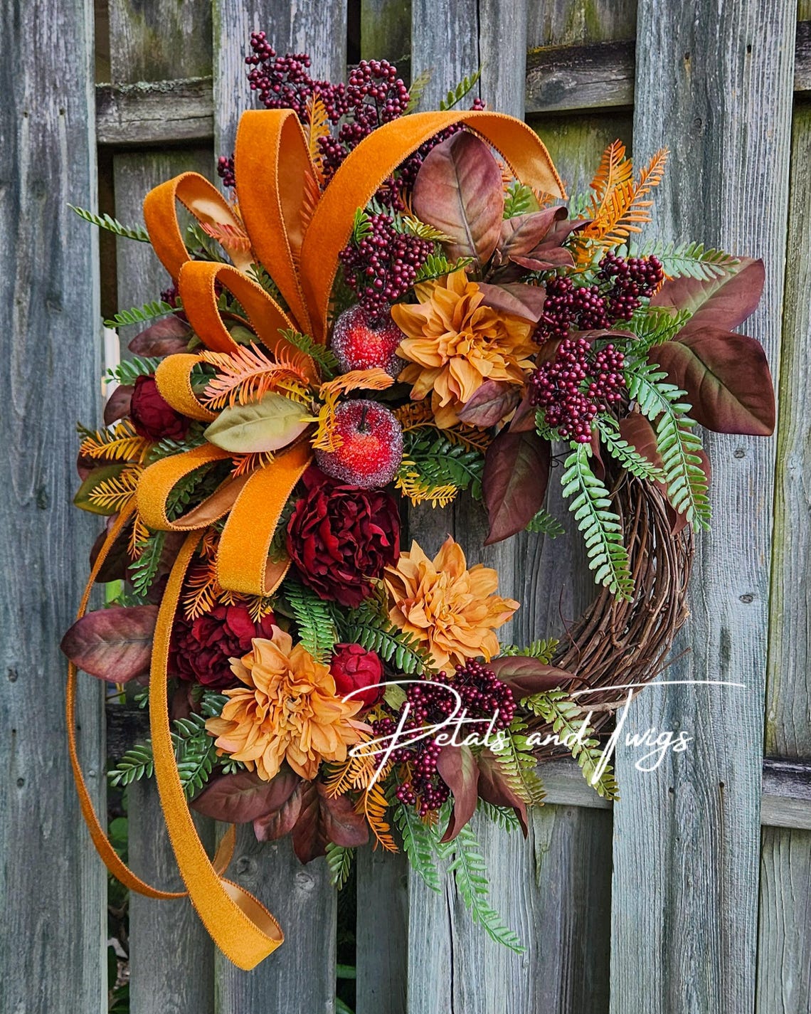 Burgundy Peony Fall Wreath – Golden Dahlias & Velvet Ribbon Door Decor ...