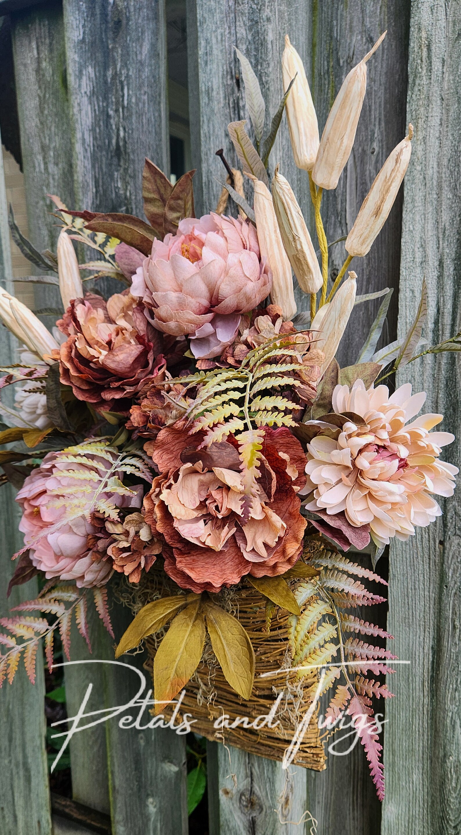 Handcrafted Door Basket With Pink, Mauve, and Rust Peonies, Fall ...