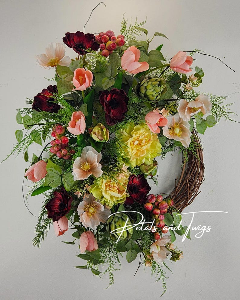 Spring Grapevine Wreath With Peonies & Poppies – Unique Floral Door ...