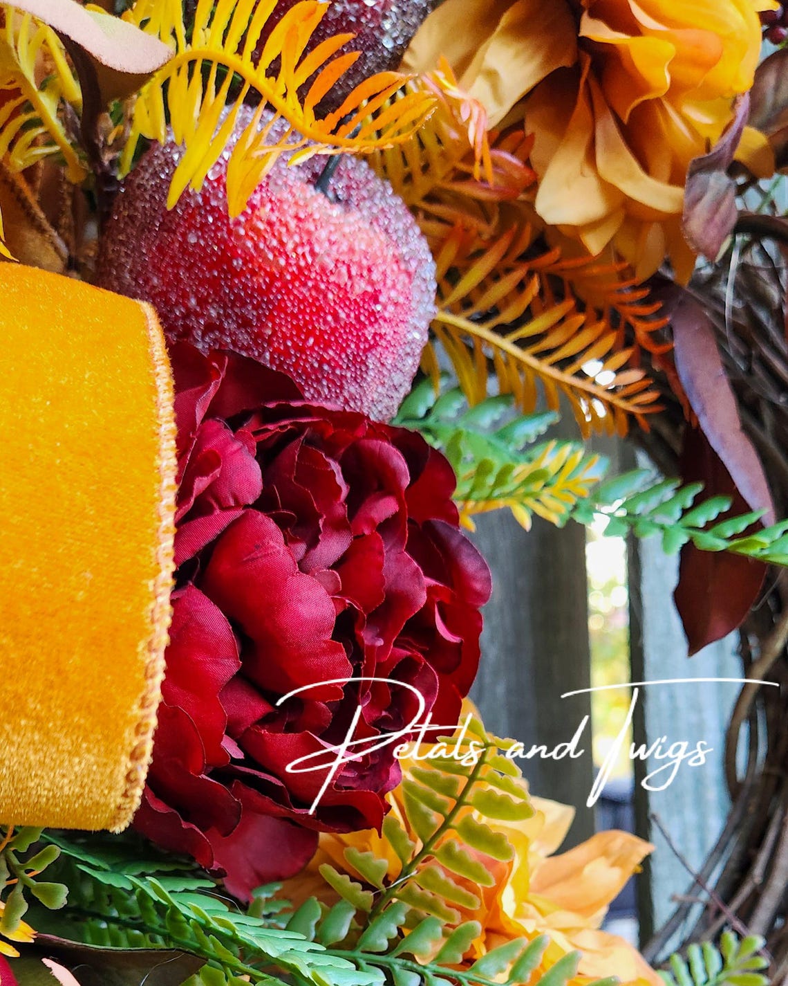 Burgundy Peony Fall Wreath – Golden Dahlias & Velvet Ribbon Door Decor ...