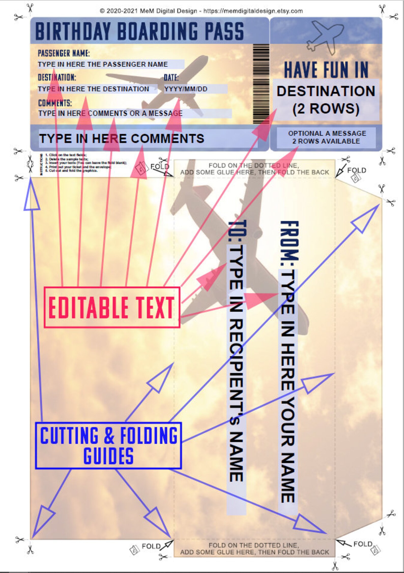 Editable Boarding Pass + ENVELOPE Template Surprise Fake Airline Flight ...
