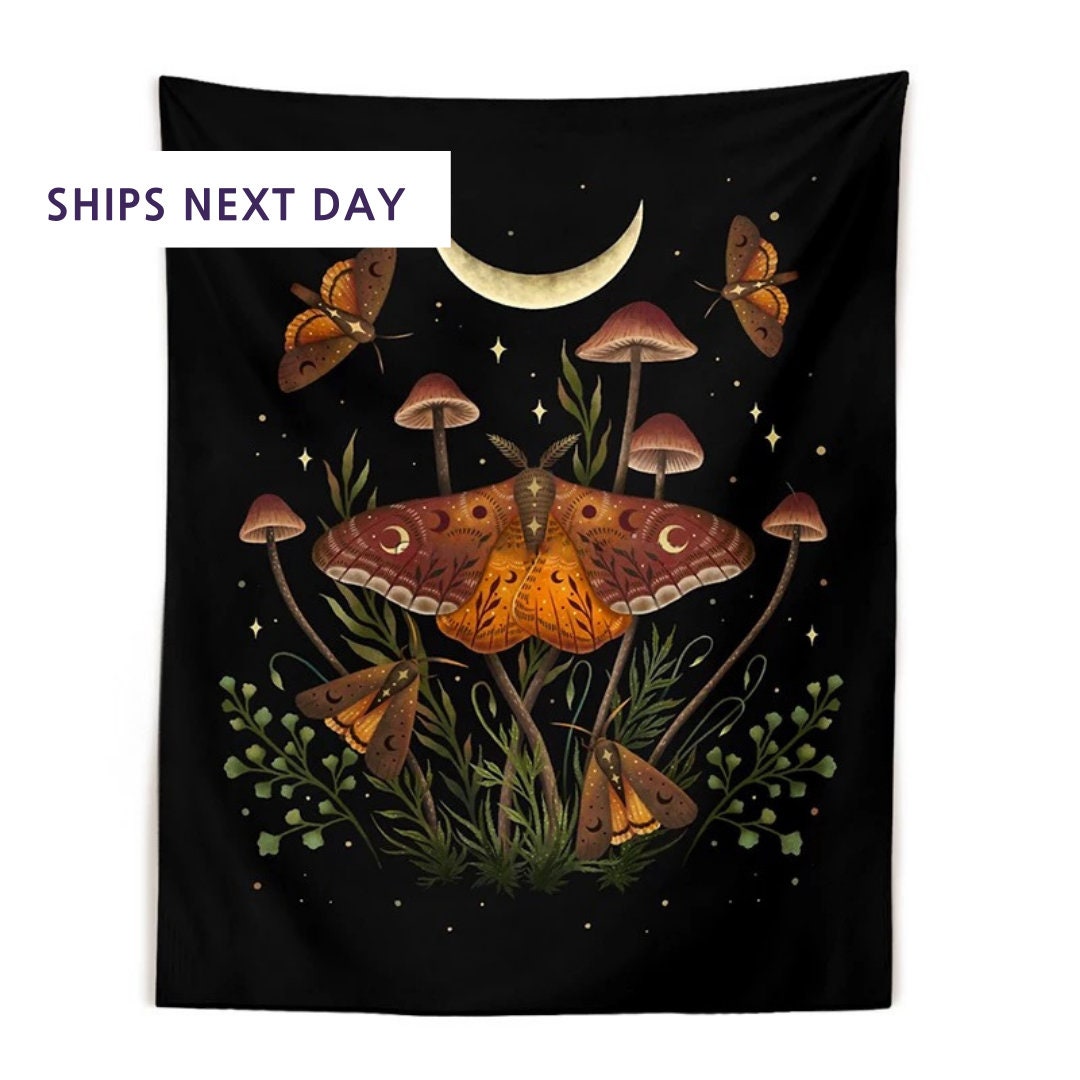 Mushroom Wall Tapestry Tarot Cloth Moth Print Black Boho - Etsy
