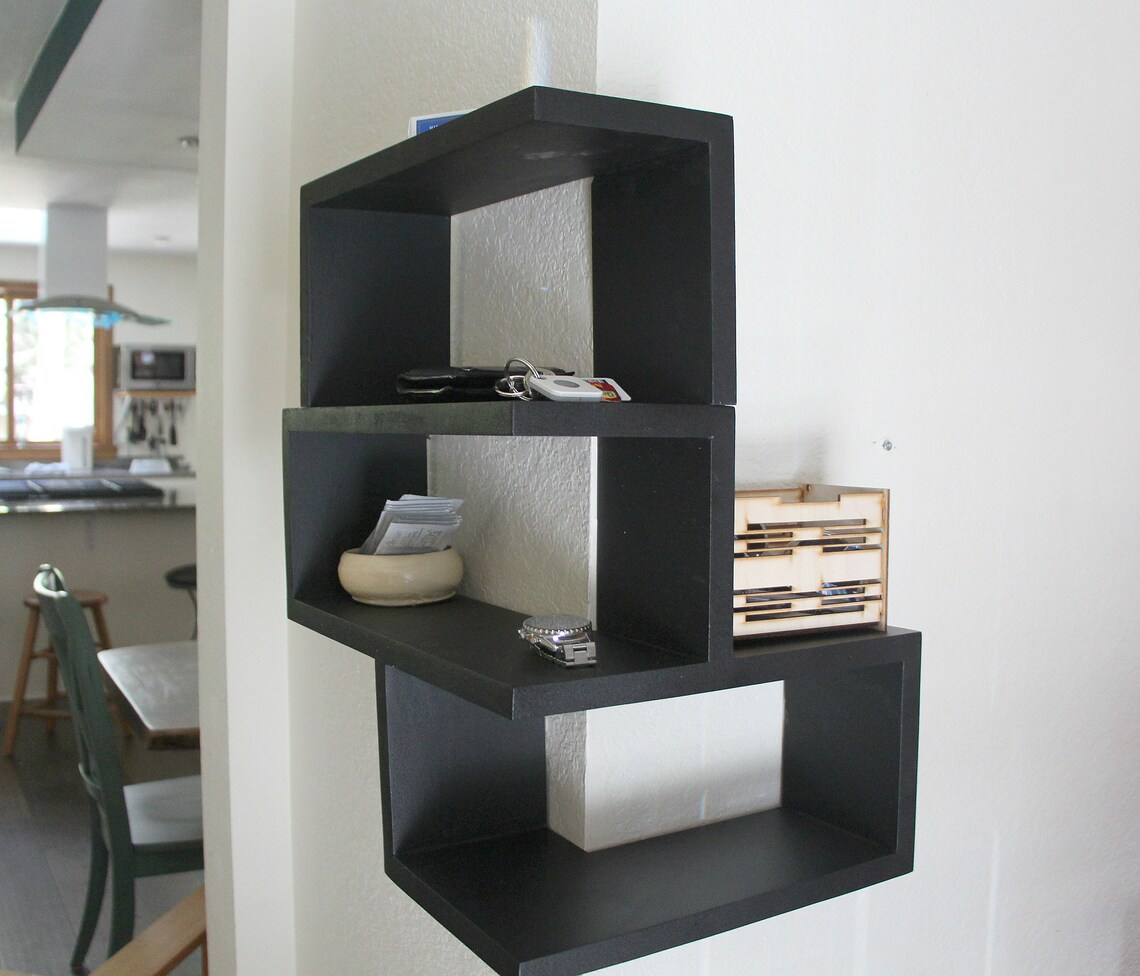 Black Modern Corner Shelf. Floating Wrap Around Wall Shelves, Wall ...