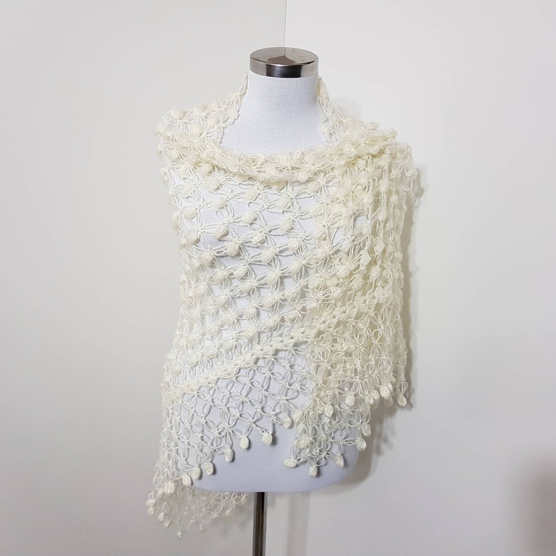 Cream Bridal Shawl, Crochet Bridal Shawl, Cream Knitting Triangle Shawl ...