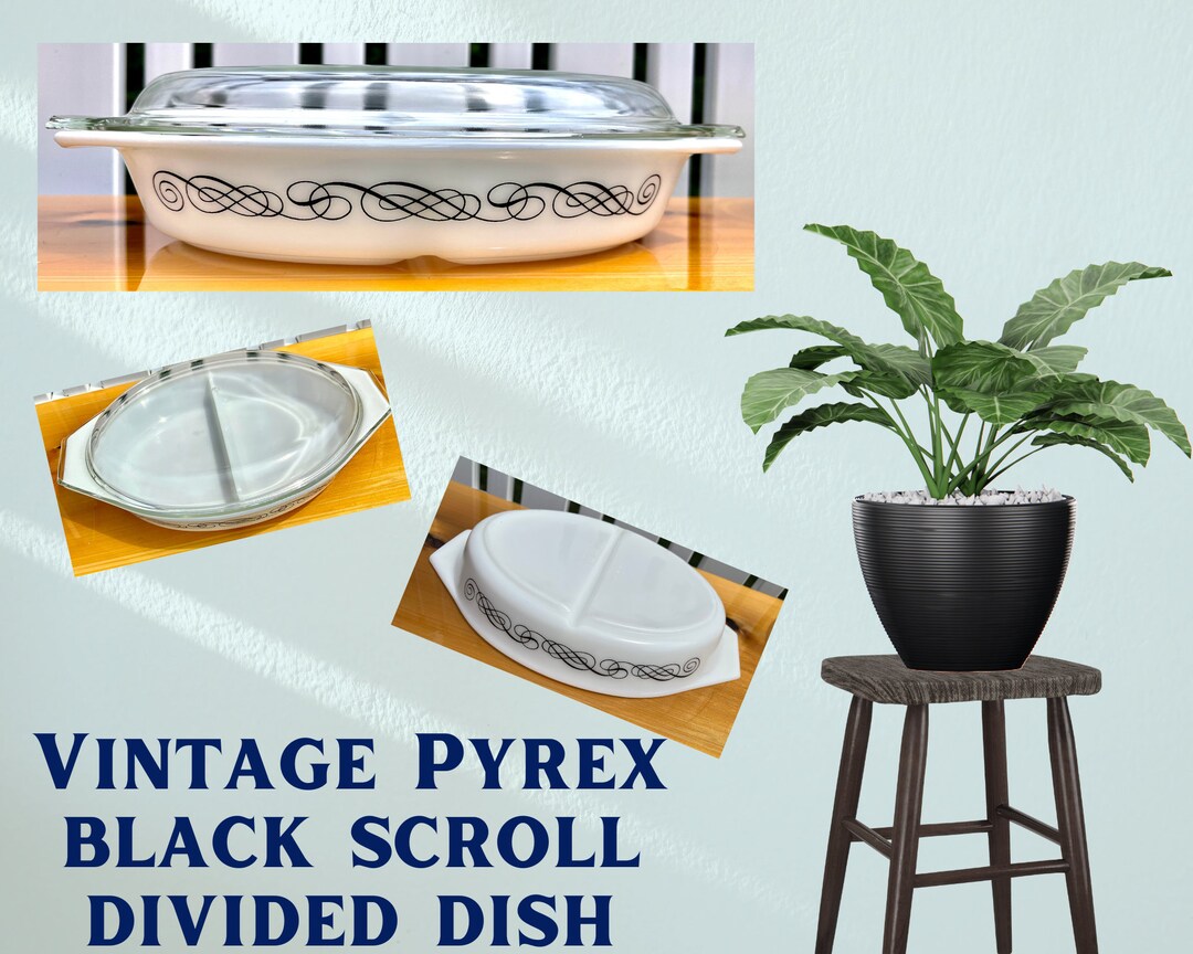 Vintage PYREX Promo 1.5 Quart Black and White Scrolled Divided - Etsy