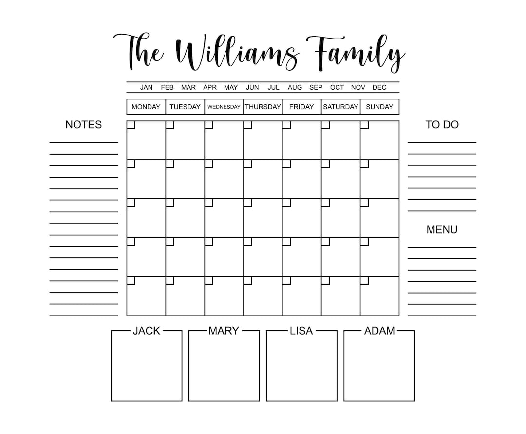 Custom Family Calendar Svg, Personalized Monthly Printable Planner ...
