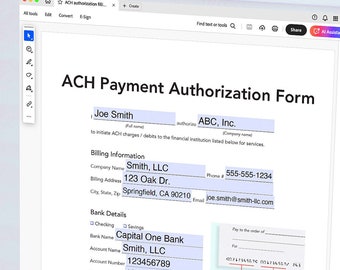 Digitally Fillable ACH Authorization Form - Etsy