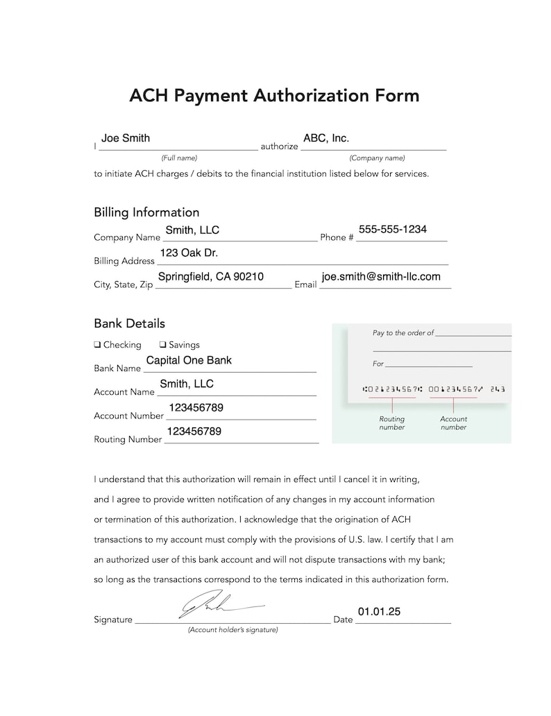 ACH Authorization Form: Fillable PDF Template for Quickbooks - Etsy