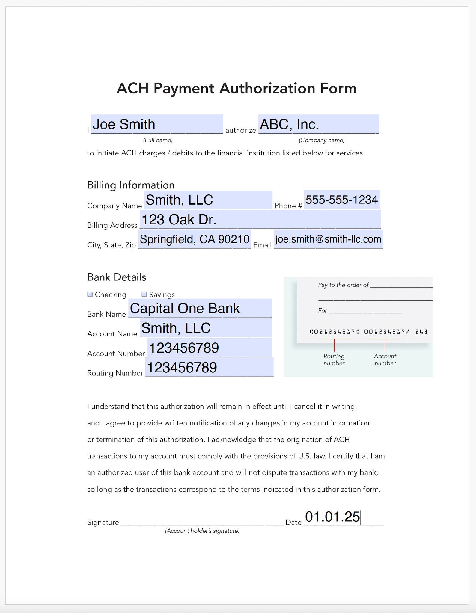 ACH Authorization Form: Fillable PDF Template for Quickbooks - Etsy