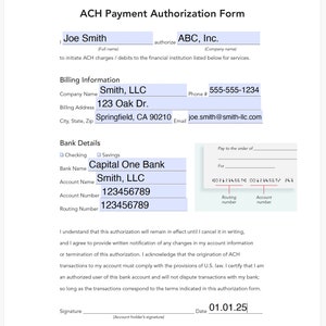 ACH Authorization Form: Fillable PDF Template for Quickbooks - Etsy