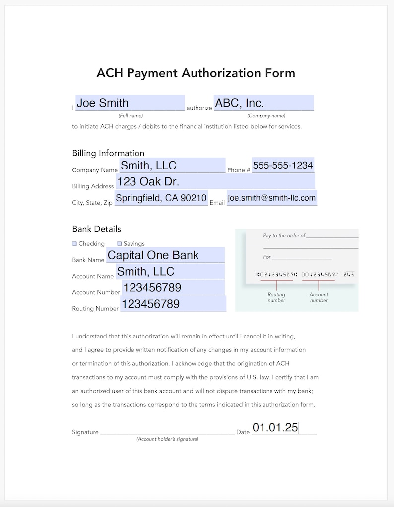 ACH Authorization Form: Fillable PDF Template for Quickbooks - Etsy