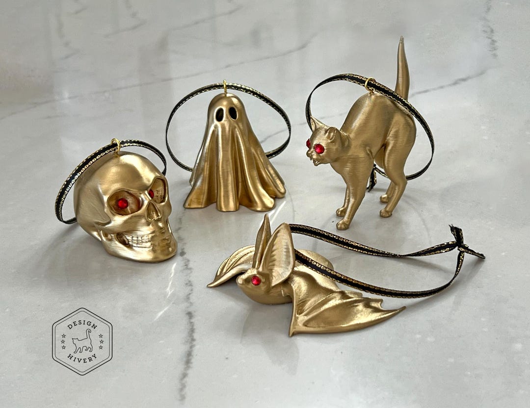 Halloween Ornaments Set: Ghost, Bat, Skull & Cat With Gemstone Eyes and ...