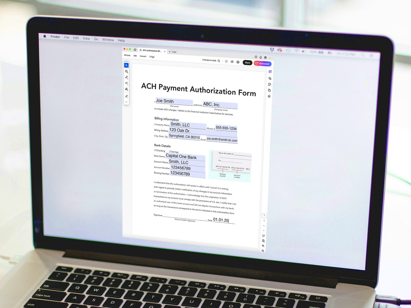 ACH Authorization Form: Fillable PDF Template for Quickbooks - Etsy