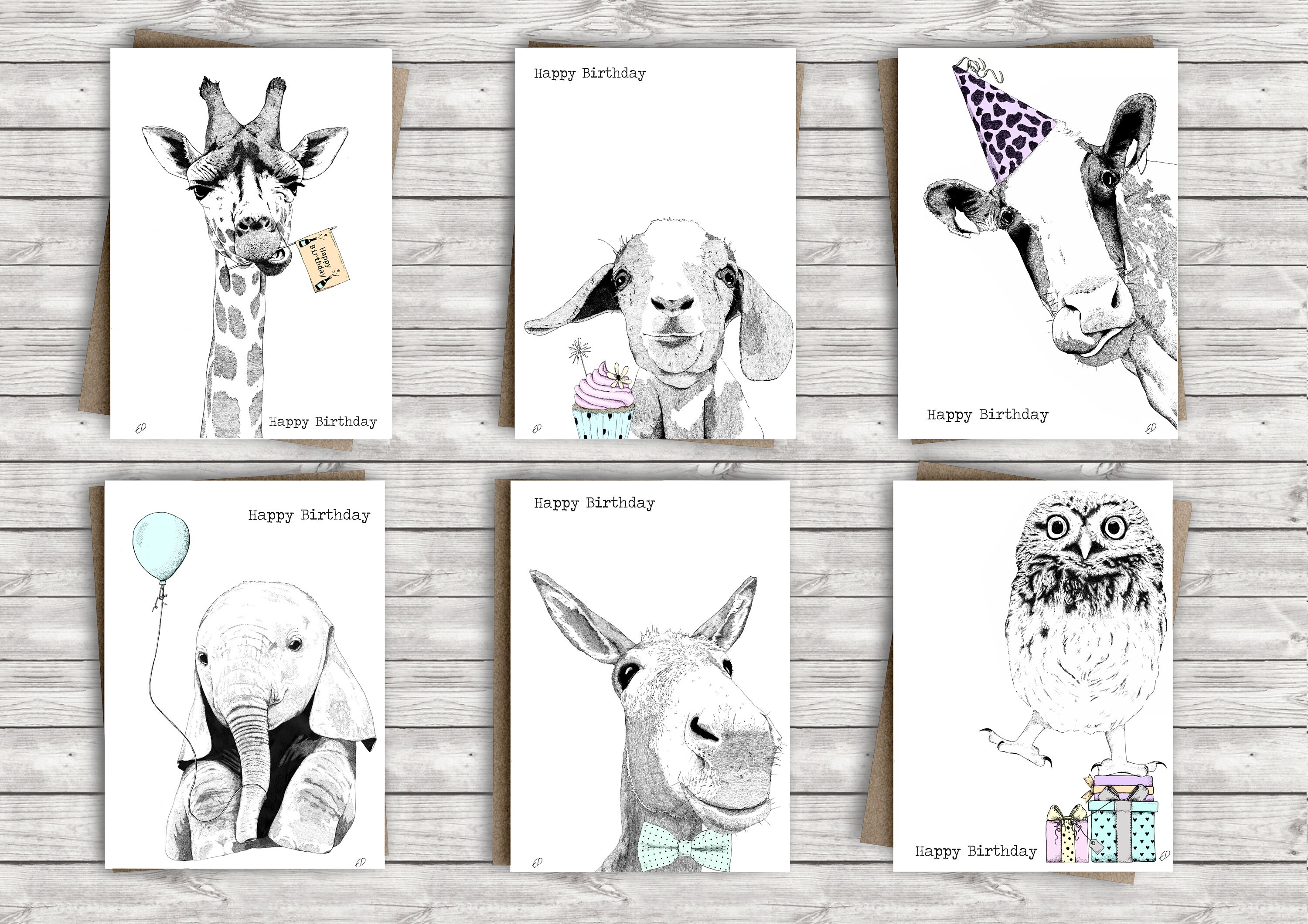 Pack of 6 Animal Birthday Cards - Cute Birthday Card Pack - Funny ...
