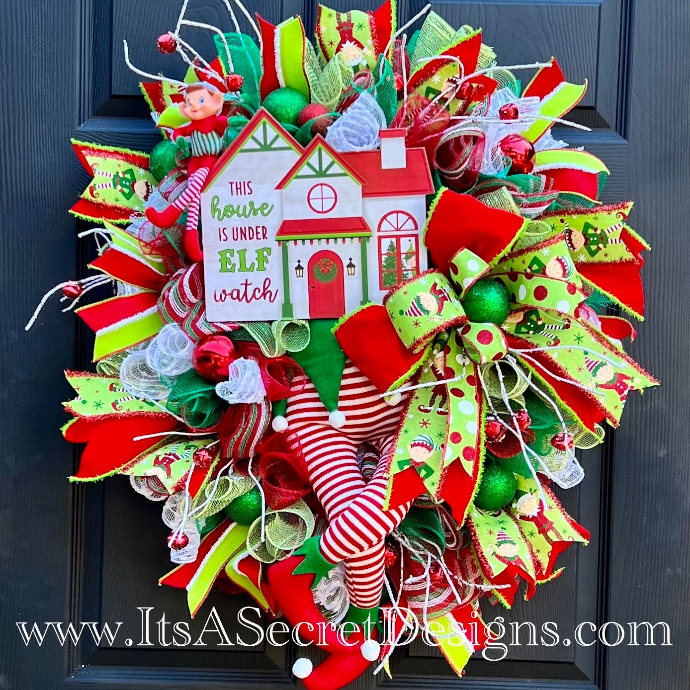 MISS BAYLEE-Elf in house wreath-Large Seasonal door hanger-Bright Mesh ...